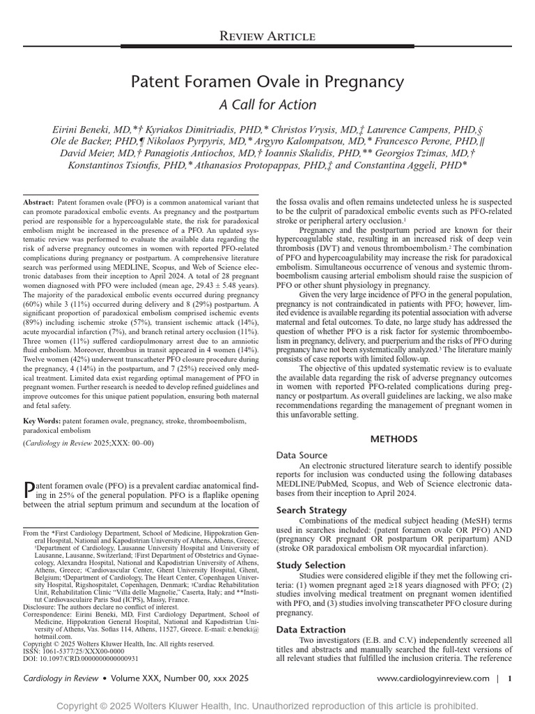 怀孕Patent Foramen Ovale in Pregnancy | PDF | Thrombosis | Pregnancy