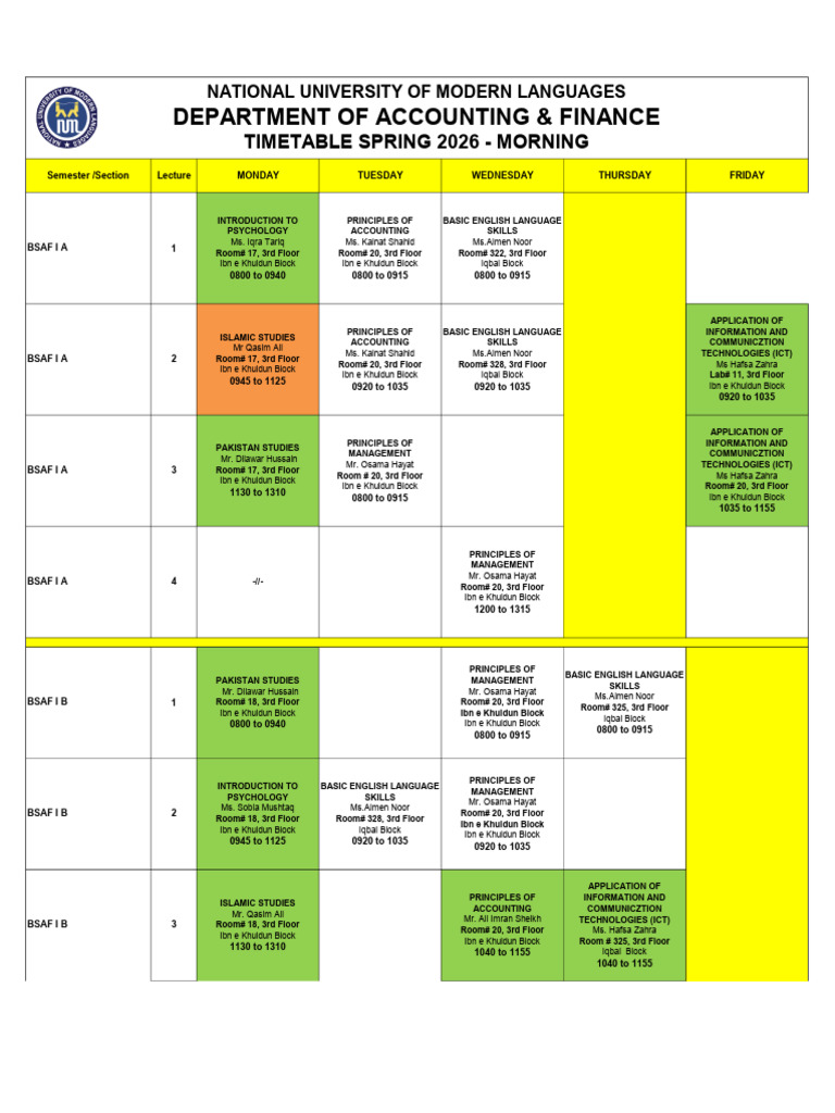 Tentative Timetable V1.1 - Morning S26 | PDF | Pakistan