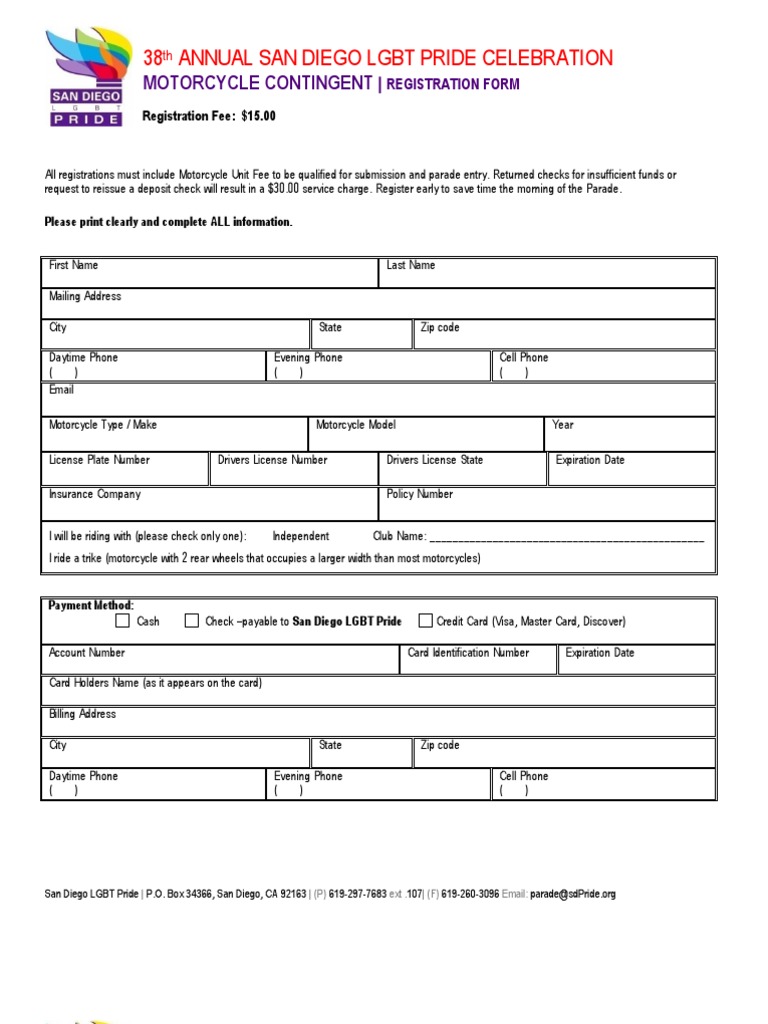 Motorcycle Registration for Pride Parade | PDF | Cheque | Fee