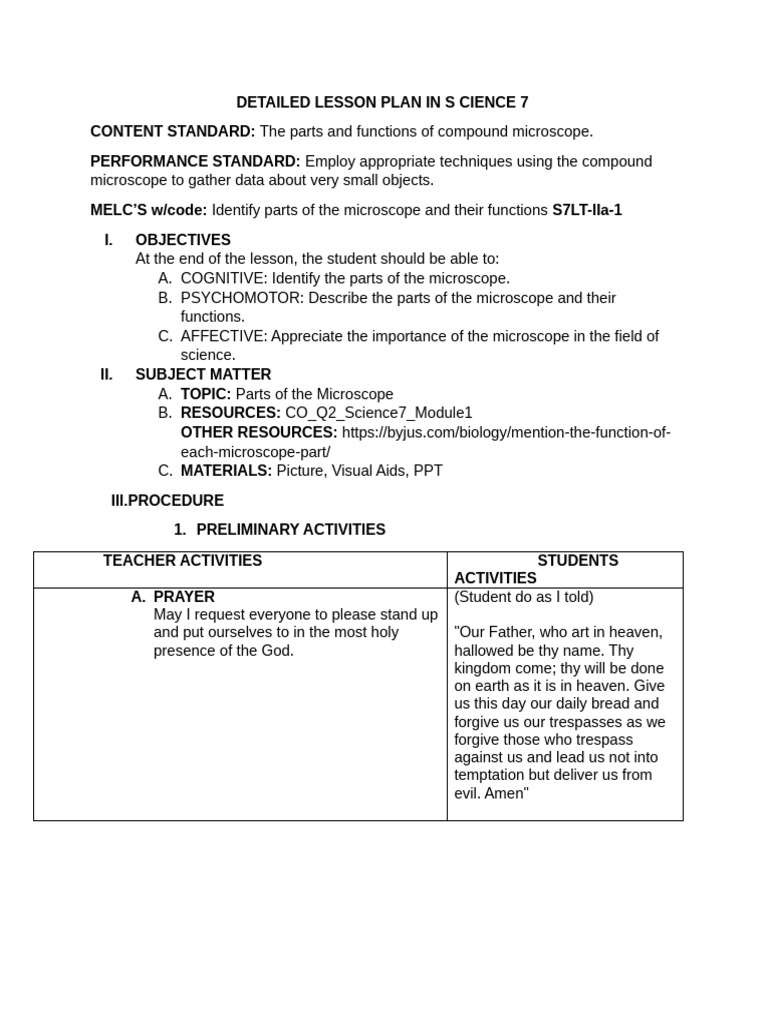 Detailed Lesson Plan in Science 7 | PDF | Lord's Prayer ...