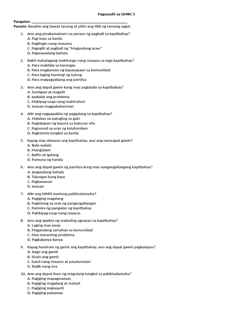 Pagsusulit Sa GMRC 5 Q4 Week2 | PDF