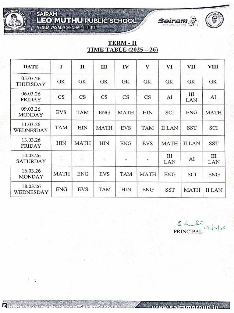 Term II Timetable 2025-26 | PDF