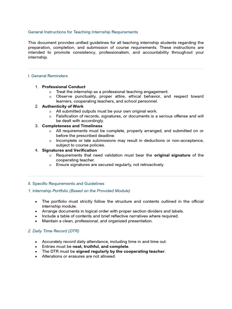 Internship Instructions | PDF | Lesson Plan | Teachers