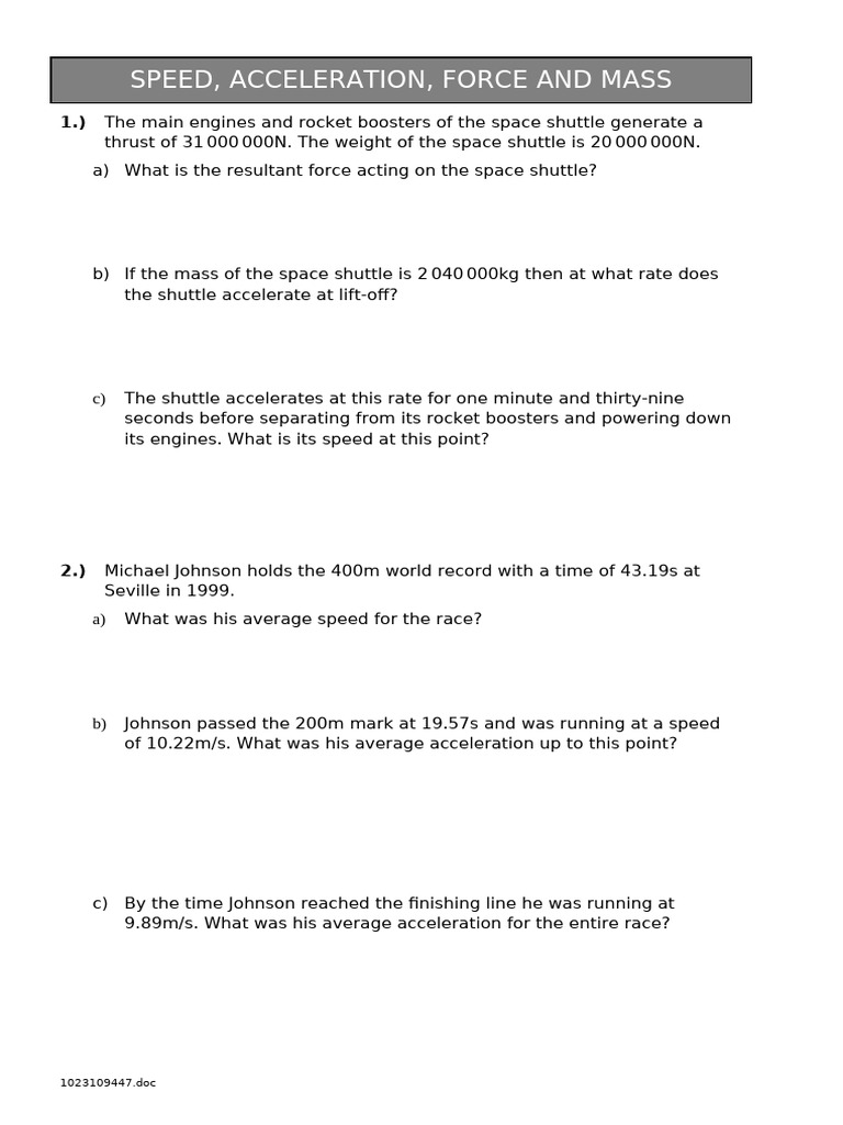 Speed, Acceleration, Force and Mass | PDF