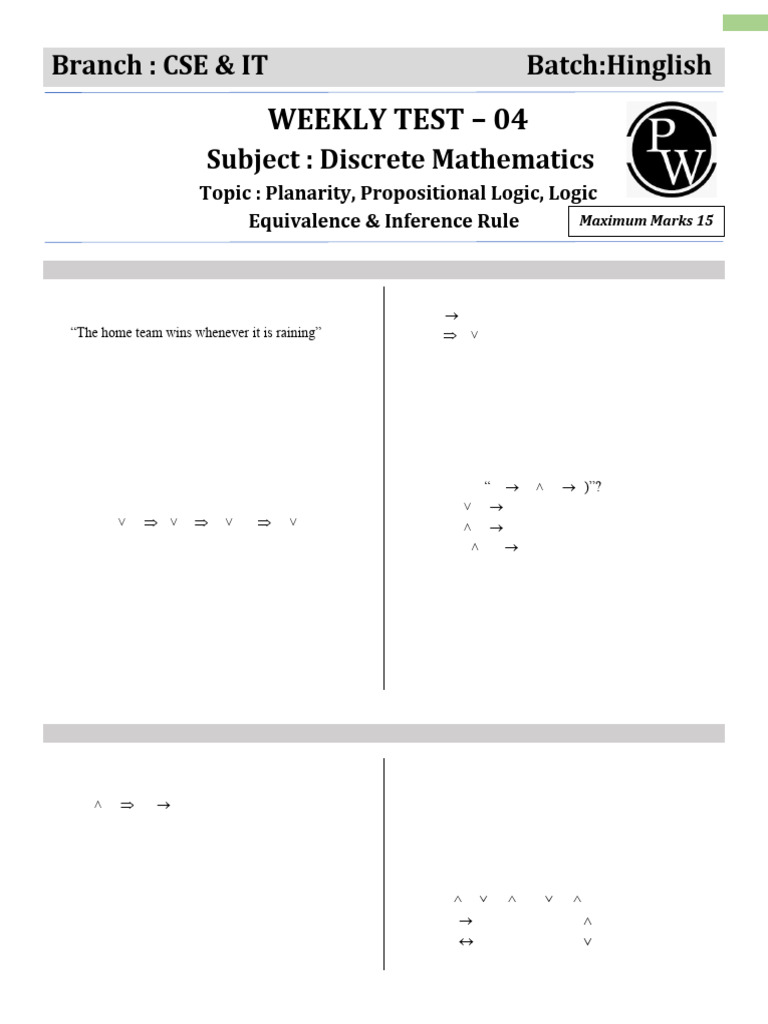 Discrete Mathematics - Weekly Test 04 - Test Paper | PDF | Logic ...