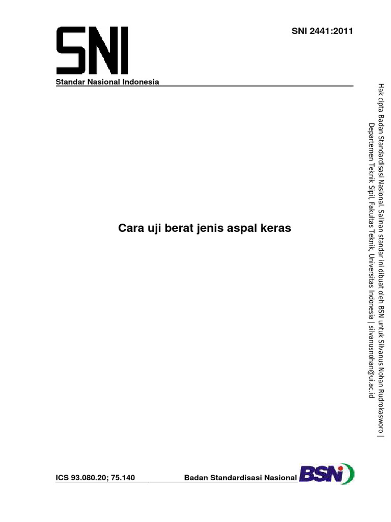 SNI 2441-2011 Cara Uji Berat Jenis Aspal Keras - Unlocked | PDF