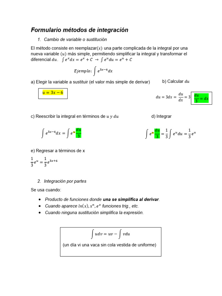 Formulario Métodos de Integración | PDF | Integral | Funciones ...