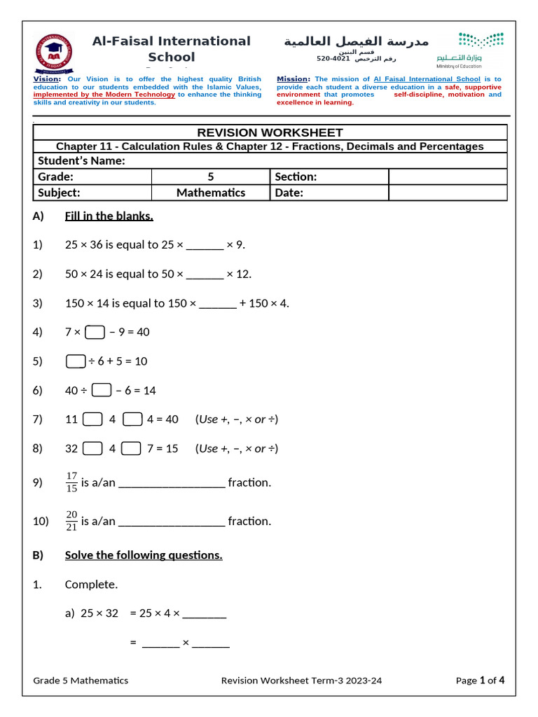 G5 Math Revision Worksheet - 3rd Term | PDF | Chess Theory | Chess
