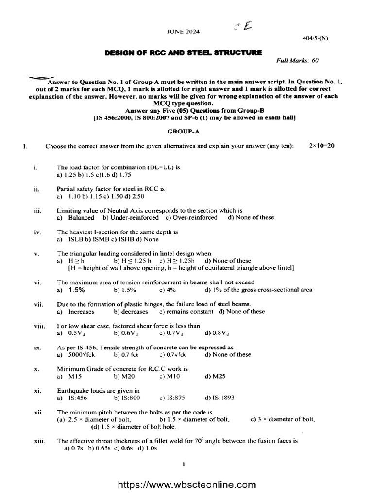 Civil 4 Sem Design of RCC and Steel Structure 404 5 N Jun 2024 | PDF