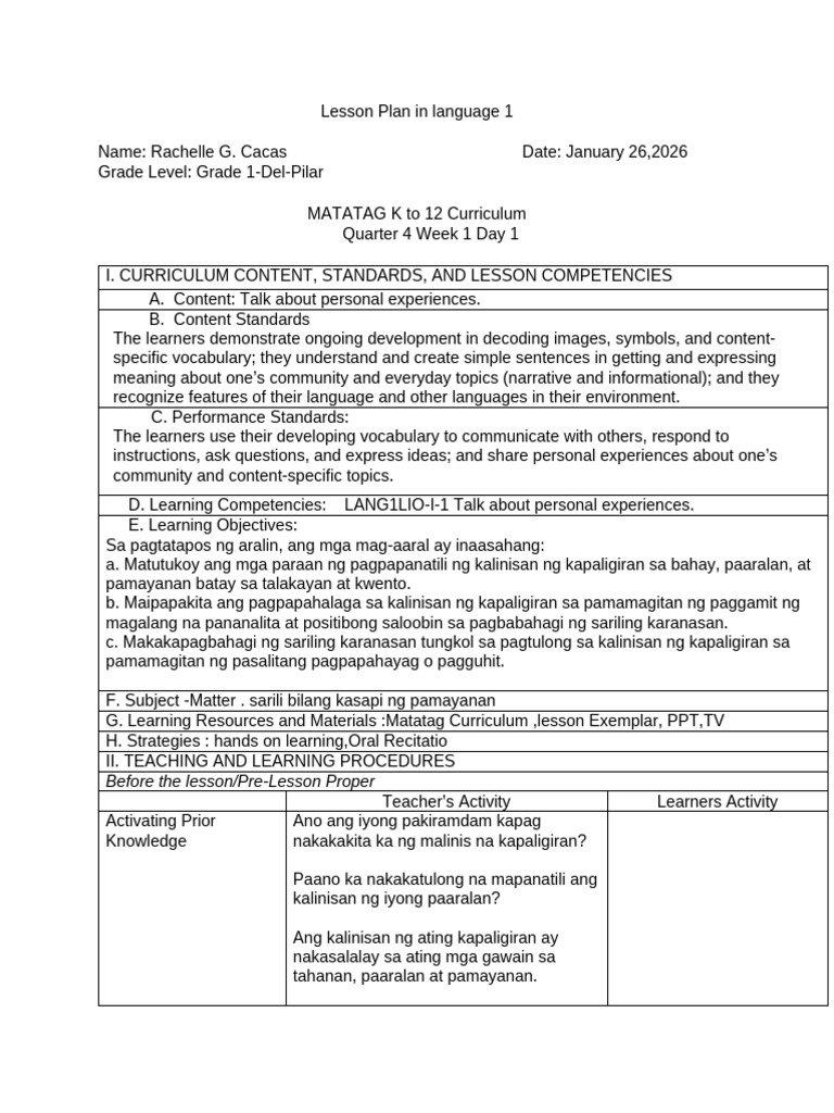 Lesson Plan in Language 1 q4 Week 1 | PDF