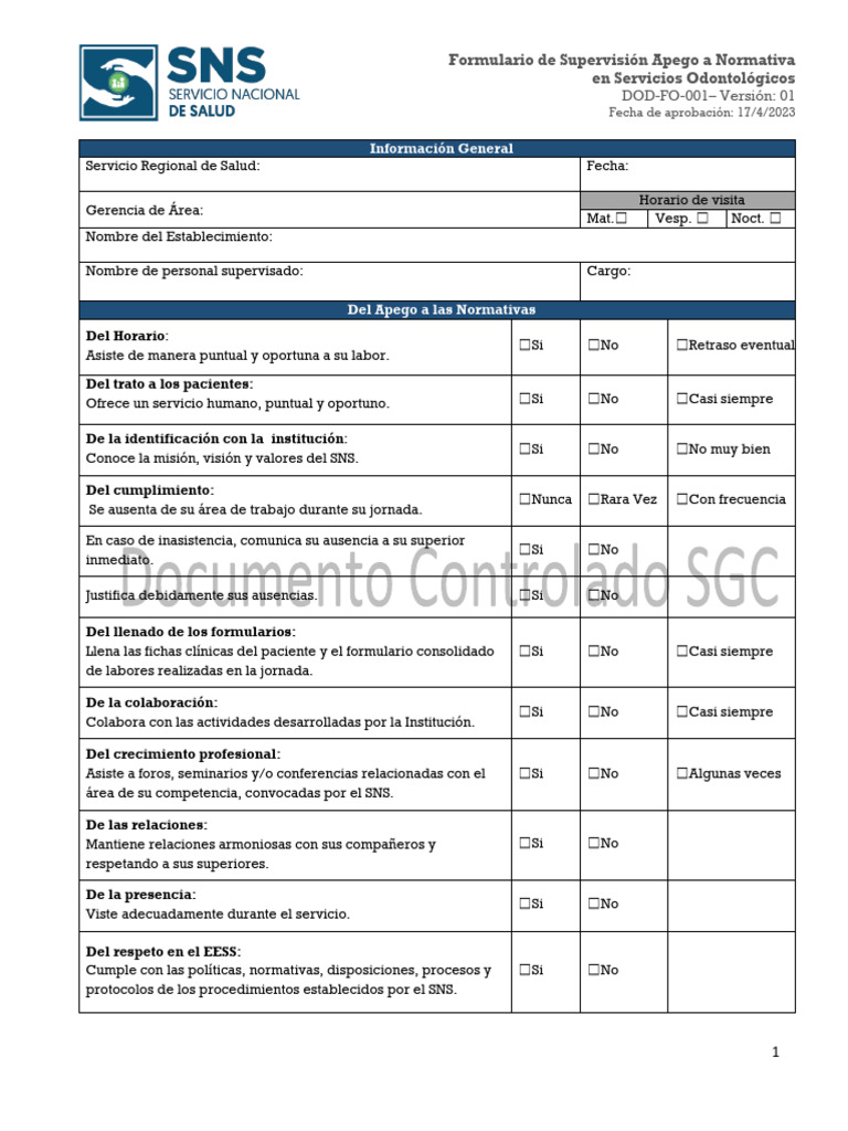 DOD FO 002 V1 Formulario de Supervision de Apego A Normativas de Los ...