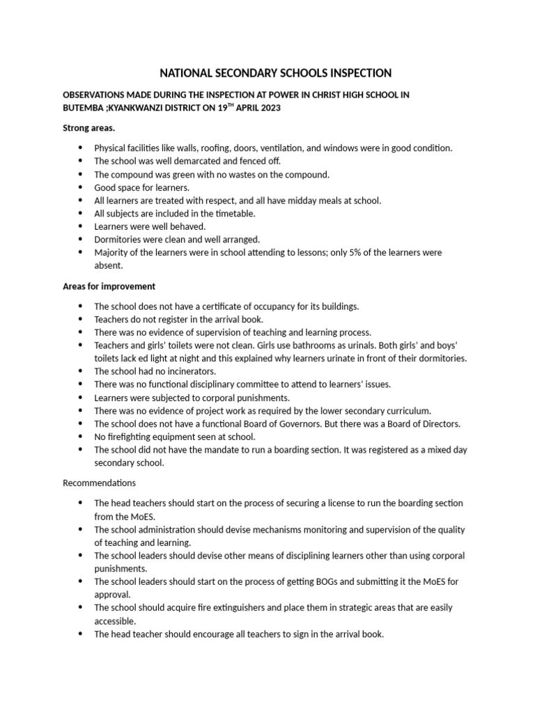 National Secondary Schools Inspection - Pichs | PDF | Teachers | Schools