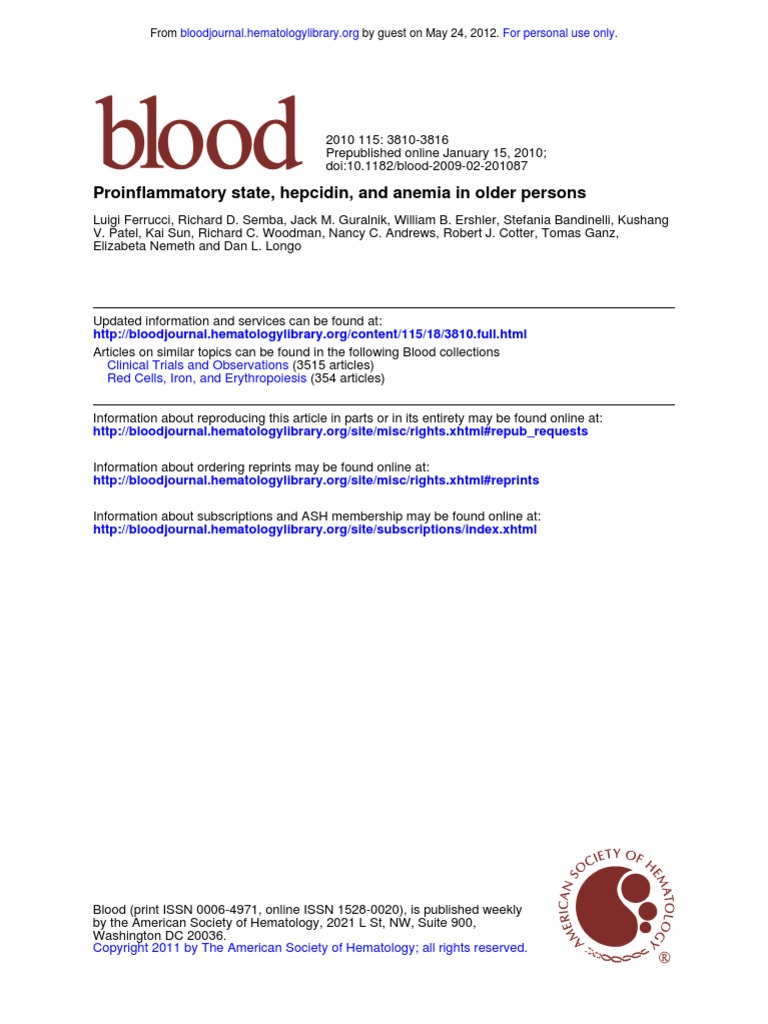 Ferrucci, 2010 Proinflammatory State, Hepcidin, and Anemia in Older ...