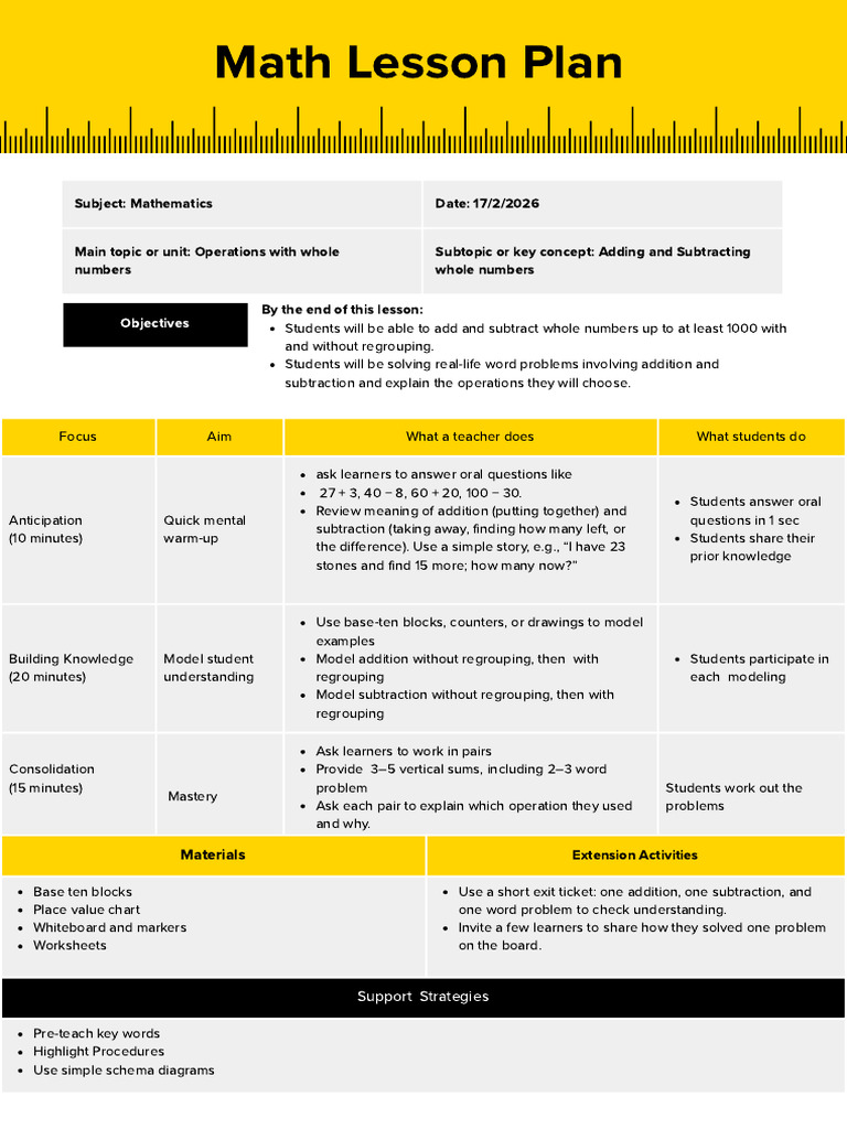 Math Lesson Plan A4 Document in White Freestyle Style | PDF ...