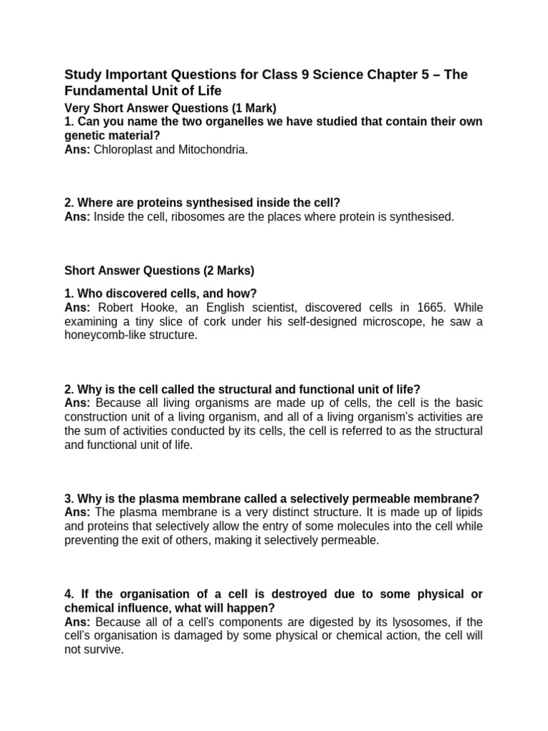 Study Important Questions for Class 9 Science Chapter 5 | PDF | Cell ...