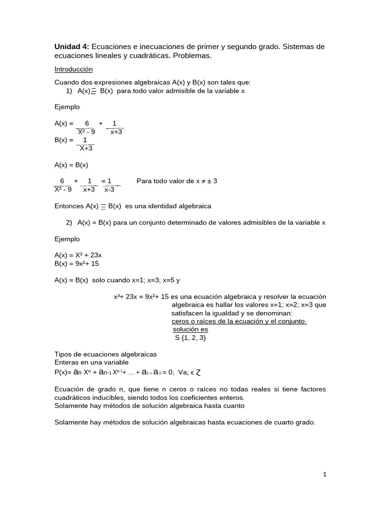 Unidad 4 (Ecuaciones Lineales y Cuadráticas) | PDF | Desigualdad ...