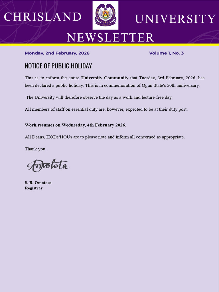 Notice of Public Holiday On 3rd February 2026 | PDF