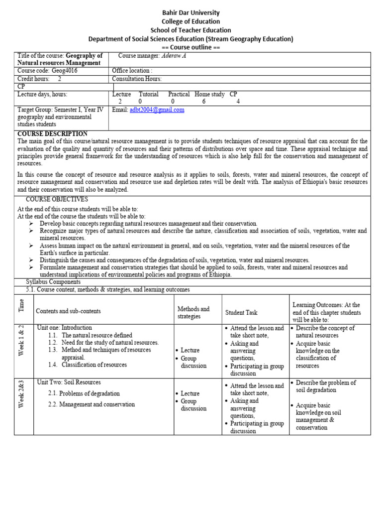 Geography of NaRM Course Outline | PDF | Natural Resource Management ...