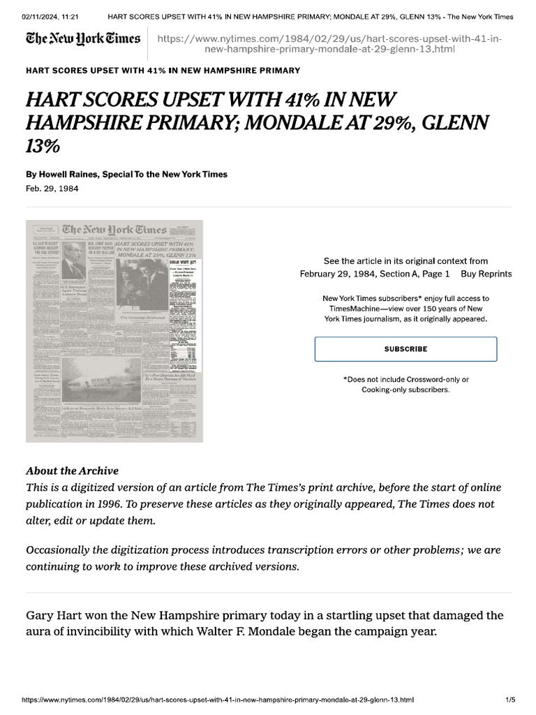Hart Scores Upset With 41, Glenn 13% - The New York Times | PDF