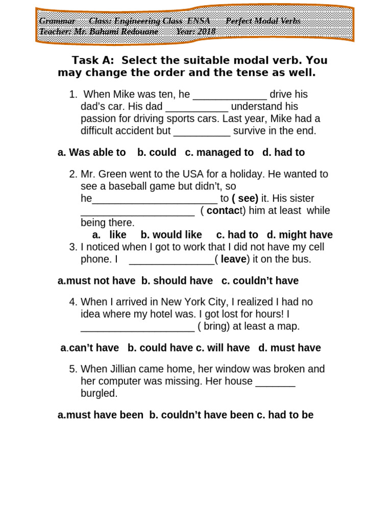 Perfect Modal Verbs Worksheet | PDF
