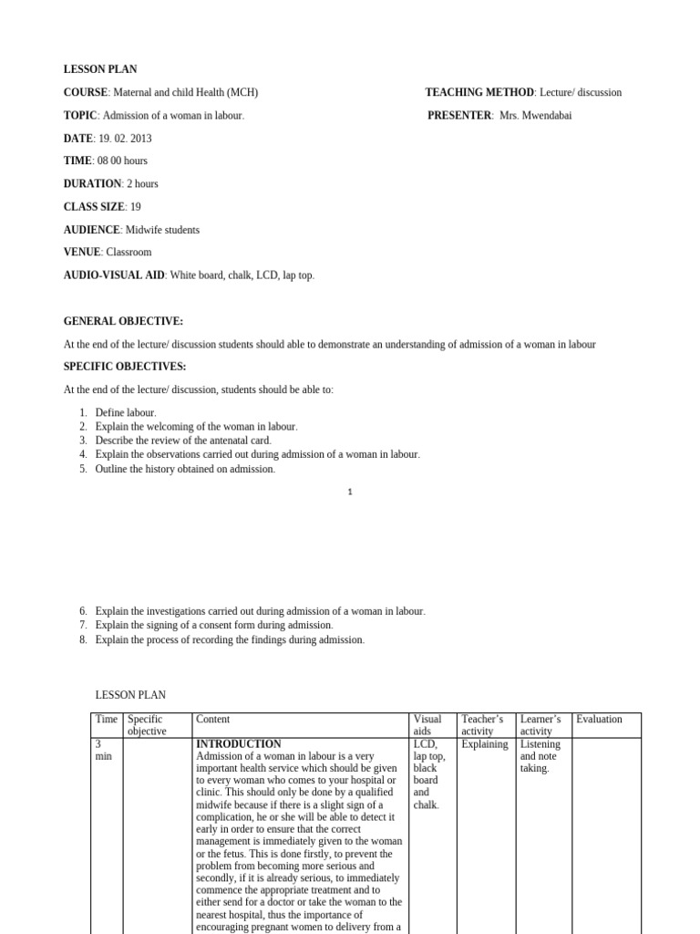 Lesson Plan. Admission of A Woman in Labour | PDF | Childbirth | Pregnancy