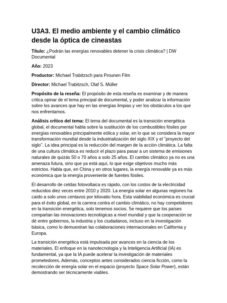 U3A3. El Medio Ambiente y El Cambio Climático Desde La Óptica de ...
