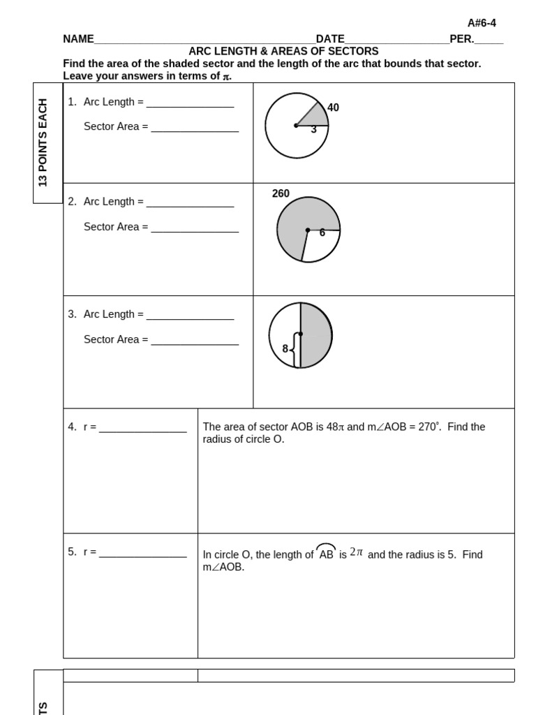 A#6-4 ARC LENGTH & AREA OF SECTORS | PDF | Area | Circle
