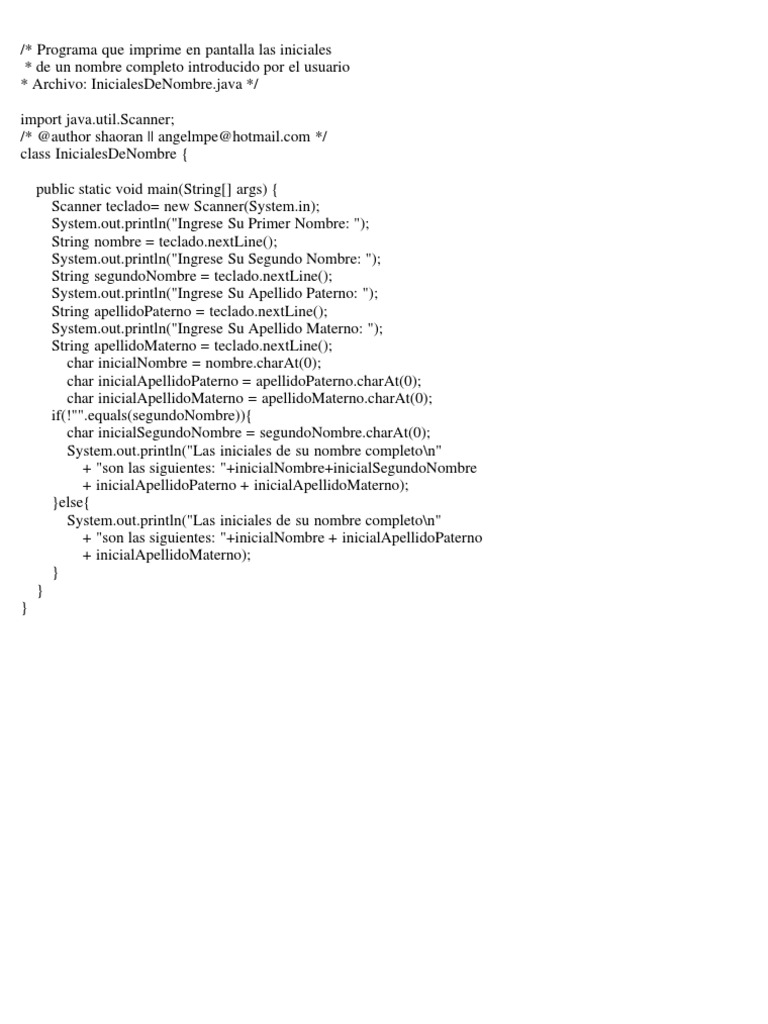 Programa en Java Que Imprime Las Iniciales de Un Nombre Completo | PDF ...