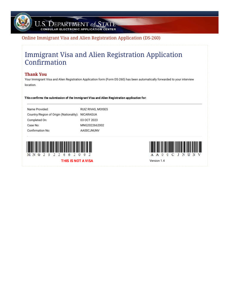 Immigrant Visa and Alien Registration - Confirmation Page | PDF