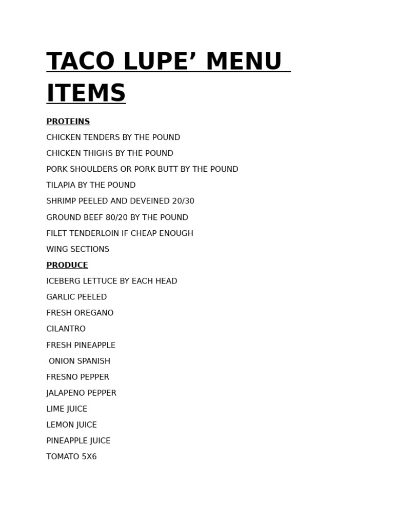 Taco Lupe Items | PDF
