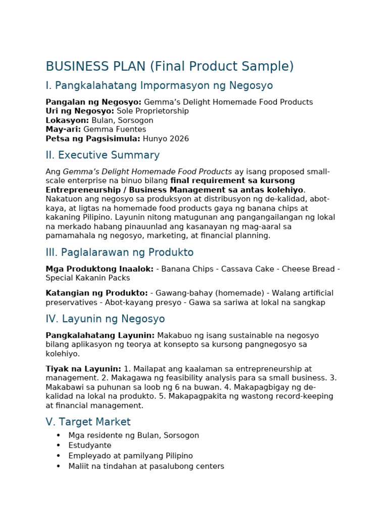 Business Plan - Final Product Sample | PDF