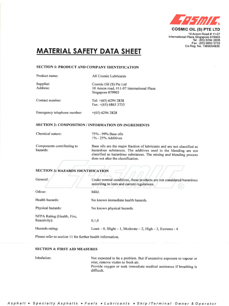 COSMIC Lube MSDS NEW | PDF