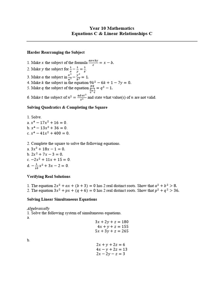 Y10 Equations&Linear Relationships Worksheet | PDF | Equations ...