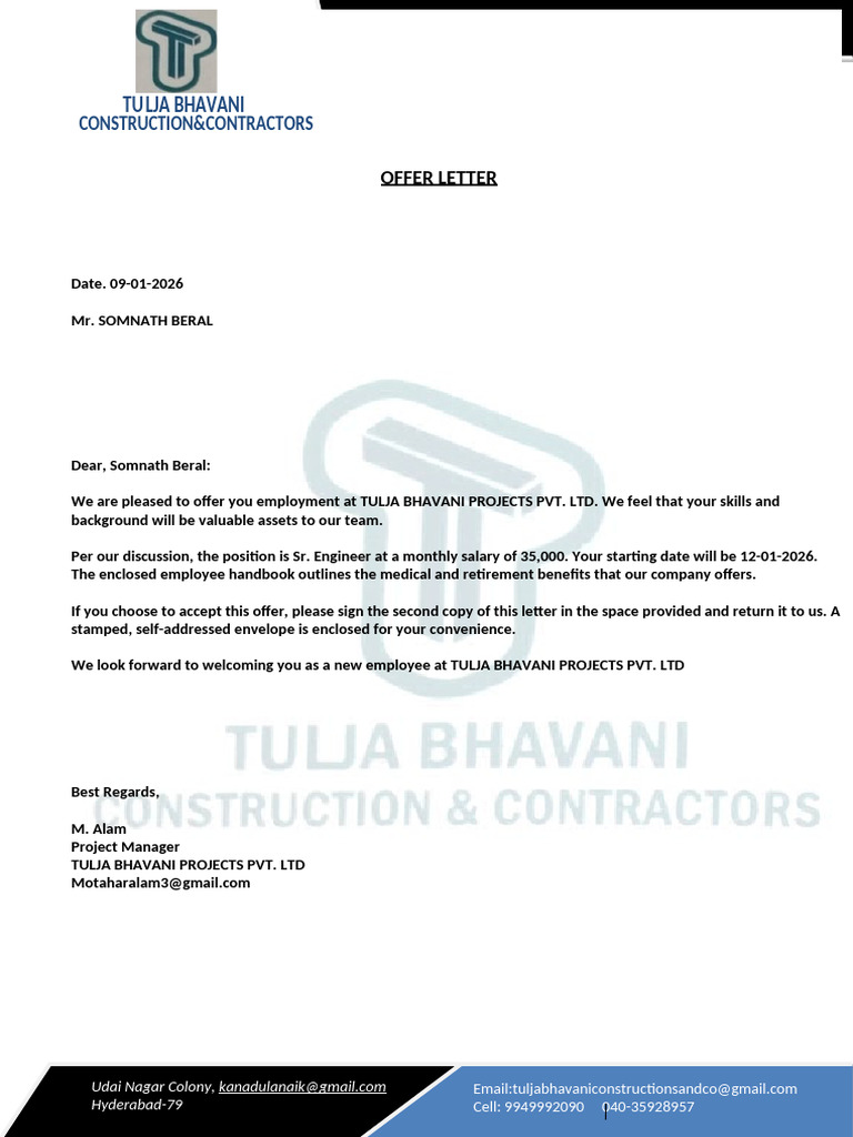 Offer Letter - Mr. Somnath Beral | PDF