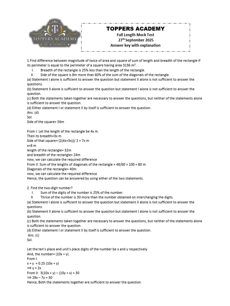 Toppers Academy Full Lenth Mock Test 27th Sept 2025 2 Explanation | PDF ...