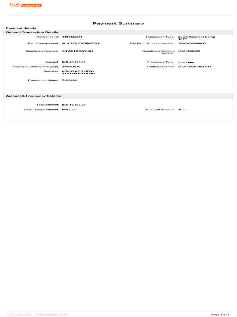 Payment Summary: 1491422231 Quick Payment Using Neft Win Tex Engineers ...