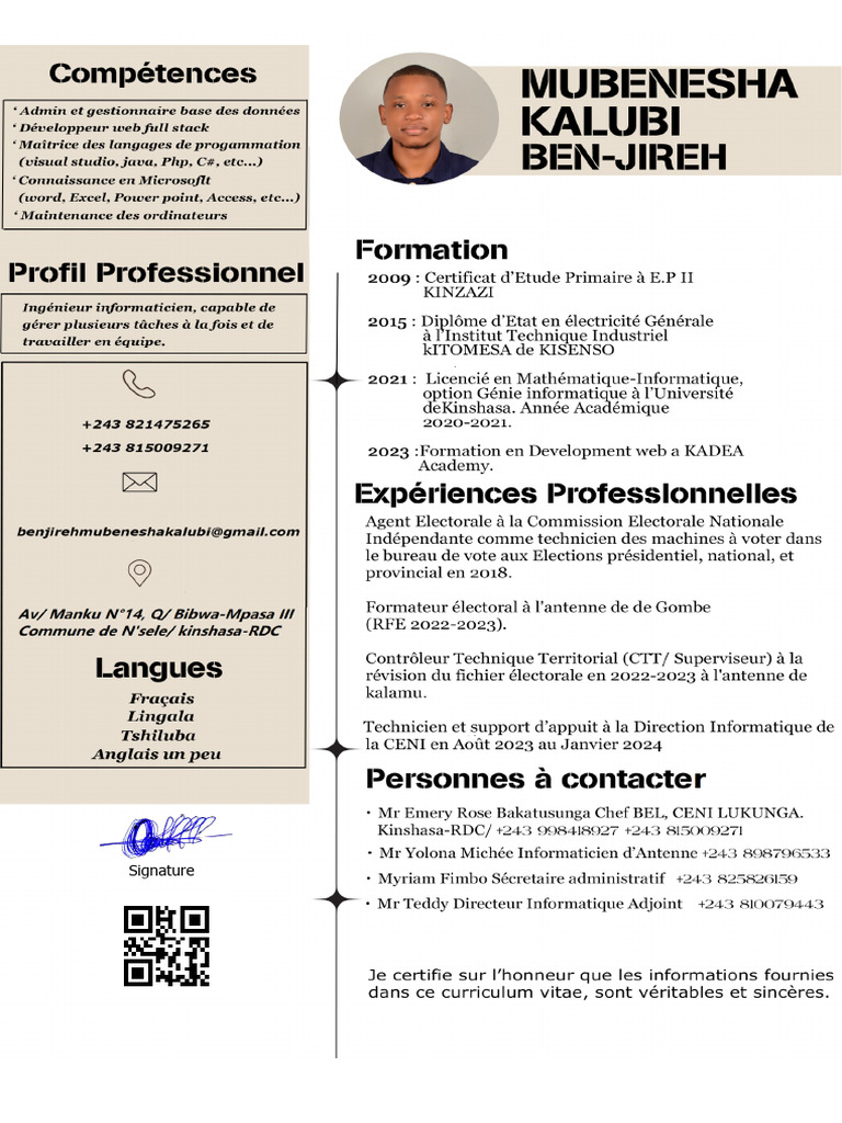 Mon CV Actualisé MUBENESHA KALUBI BEN-JIREH_073649 | PDF