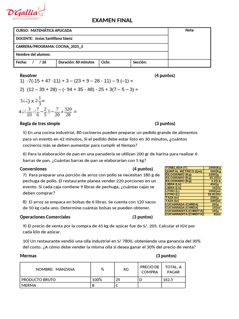 Eva Final D Matemática 2025 2 | PDF | Panes | Alimentos