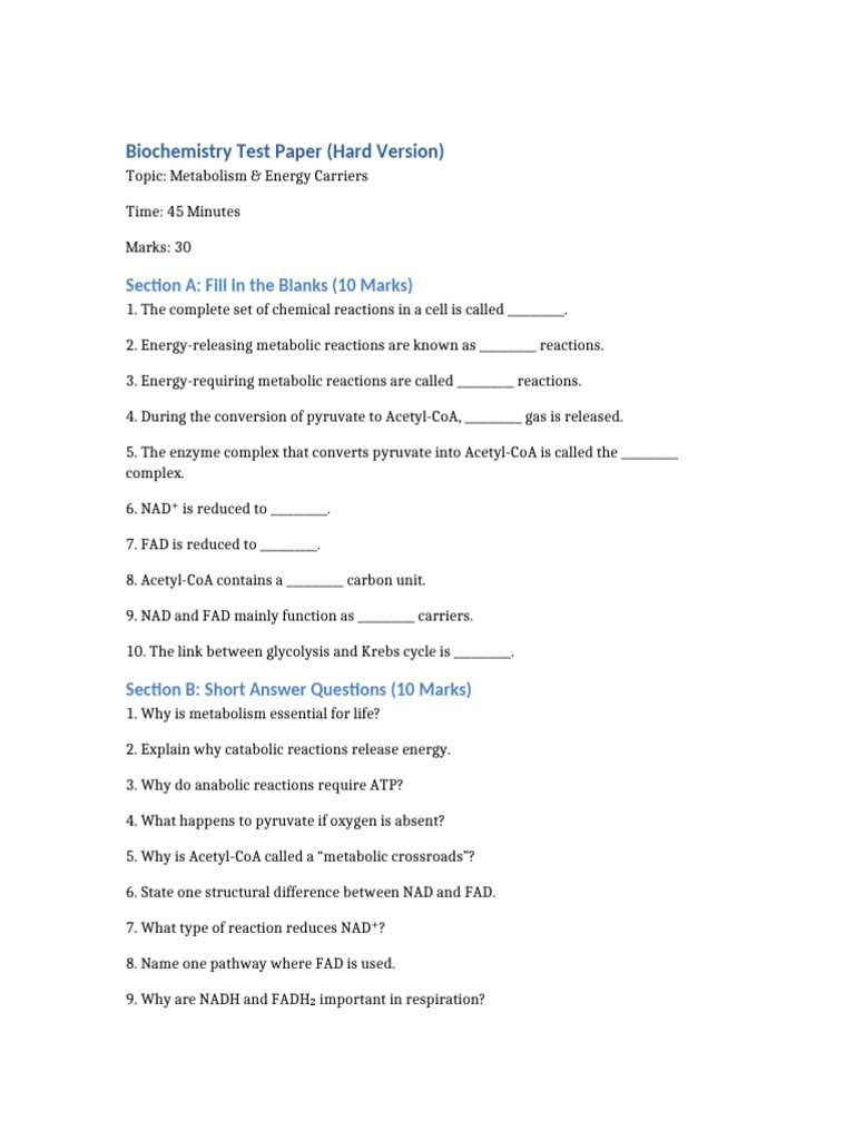 Biochemistry Hard Test Paper | PDF