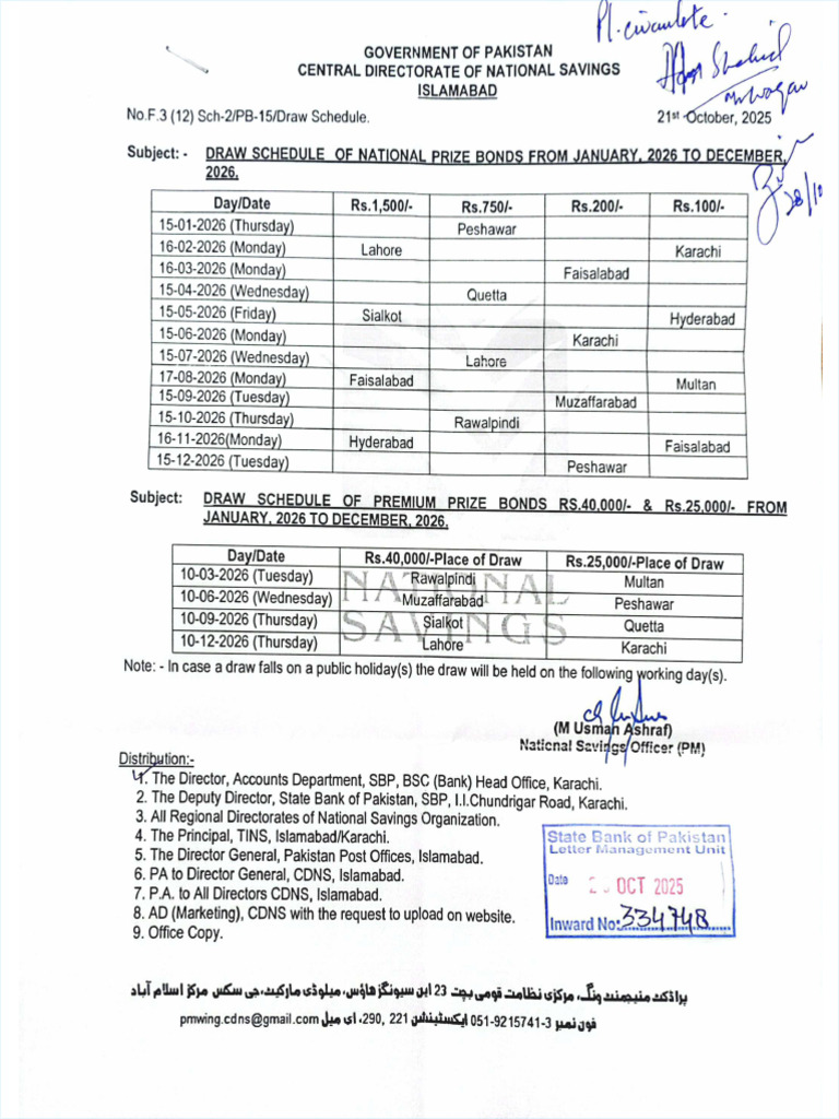 Prize Bonds Draw Schedule CY 2026 | PDF