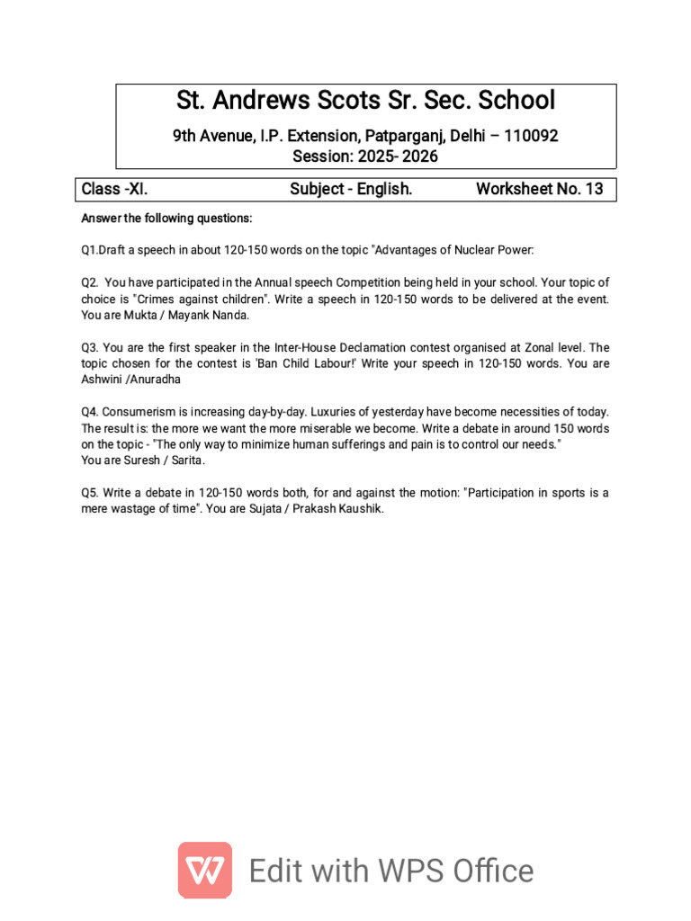 Class XI English Worksheet 13, 2025-26 | PDF