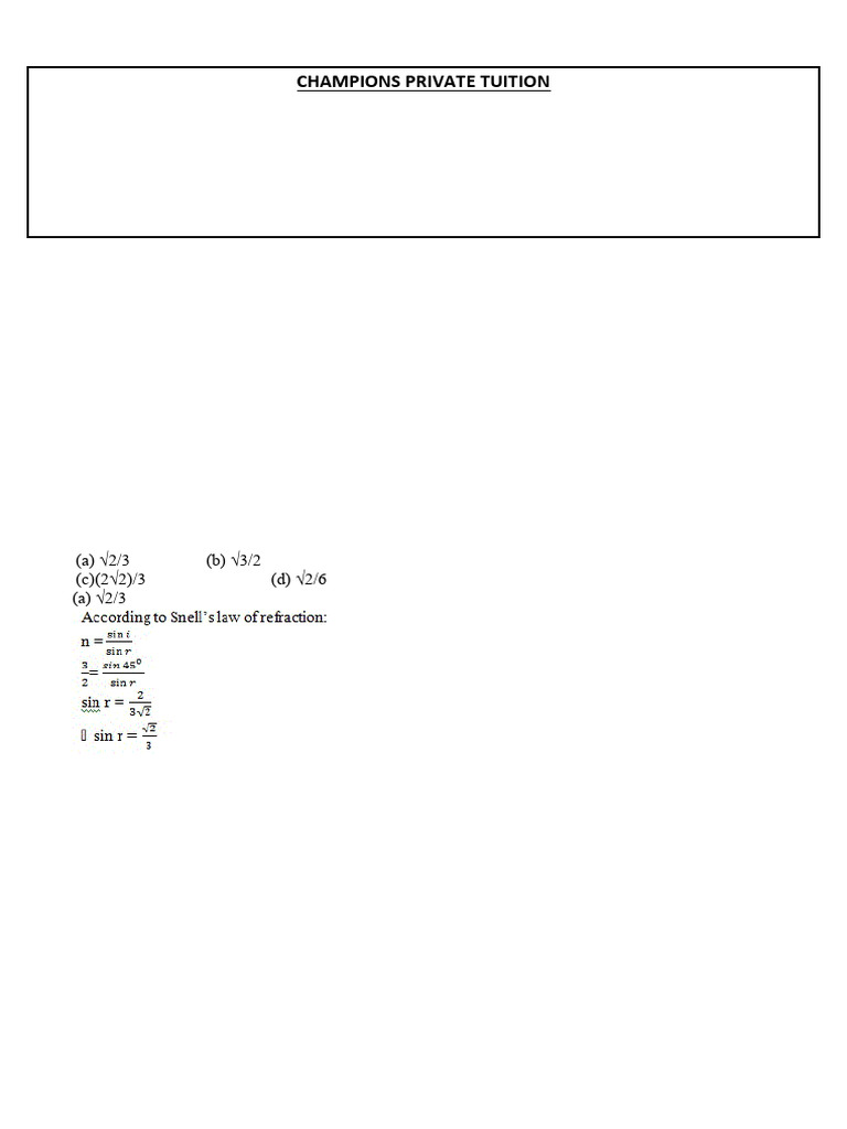 Refraction of Light Solutions | PDF | Refractive Index | Refraction