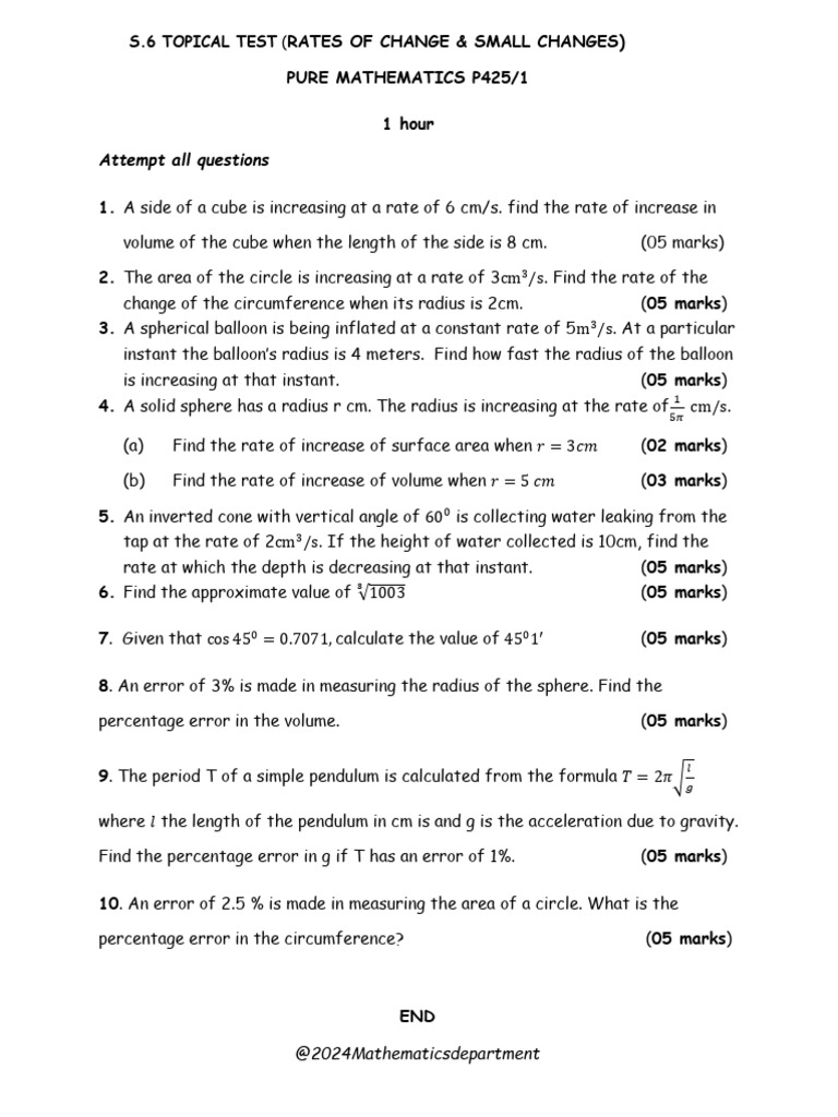 Topical Test - Rates of Change | PDF