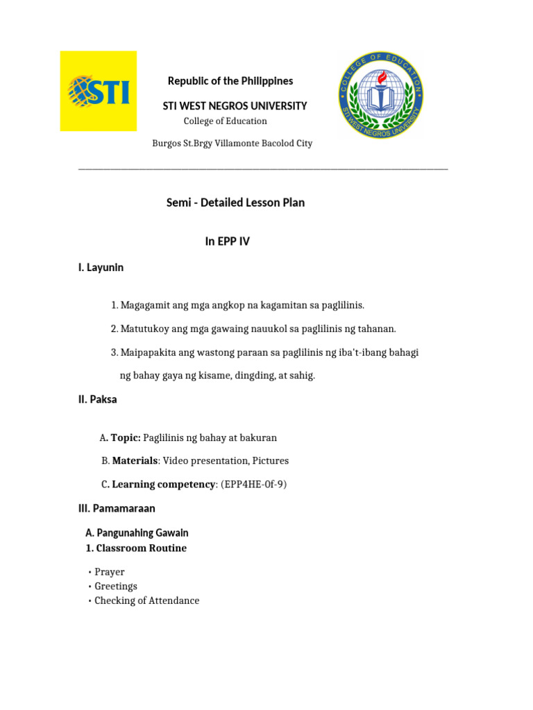 Semi Detailed Lesson Plan EPP IV (1) | PDF