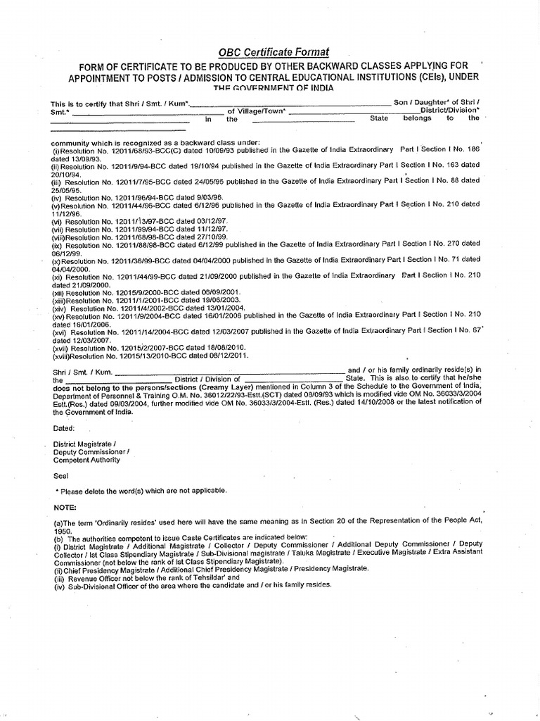 OBC Certificate | PDF