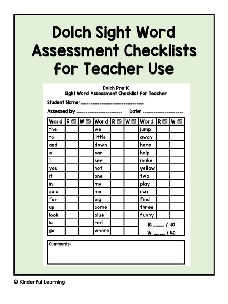Dolch Sight Word Assessment Checklists For Teacher Use: © Kinderful ...