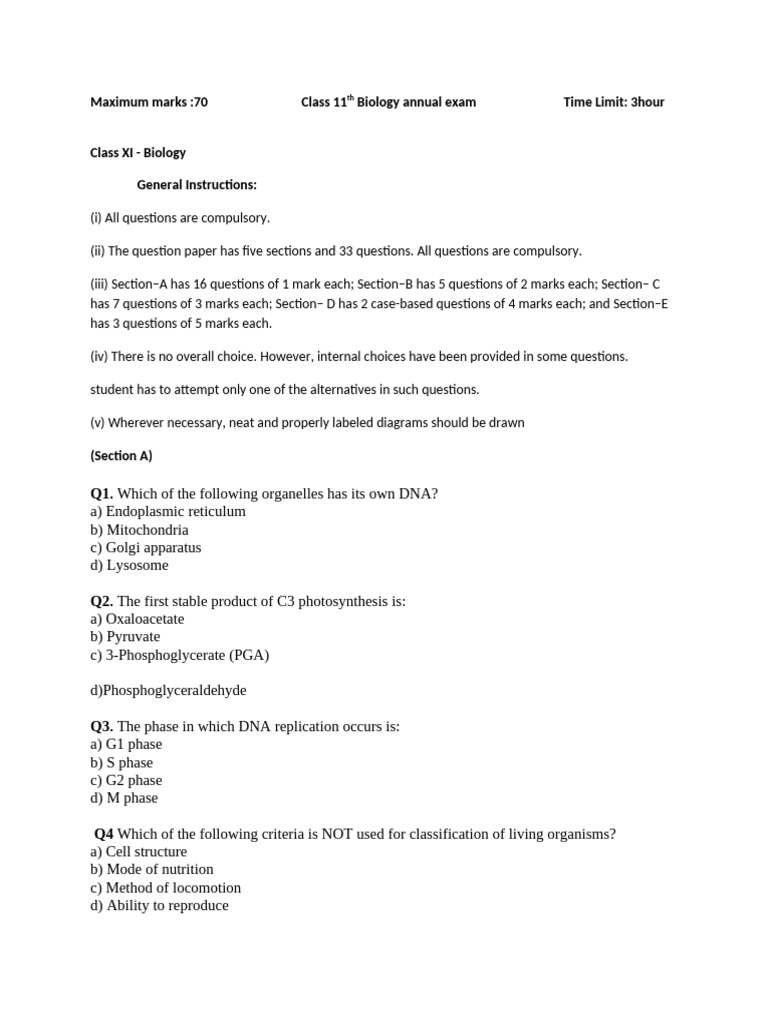 Class 11 Biology Question Paper (RIYA) ANNUAL EXAM | PDF ...