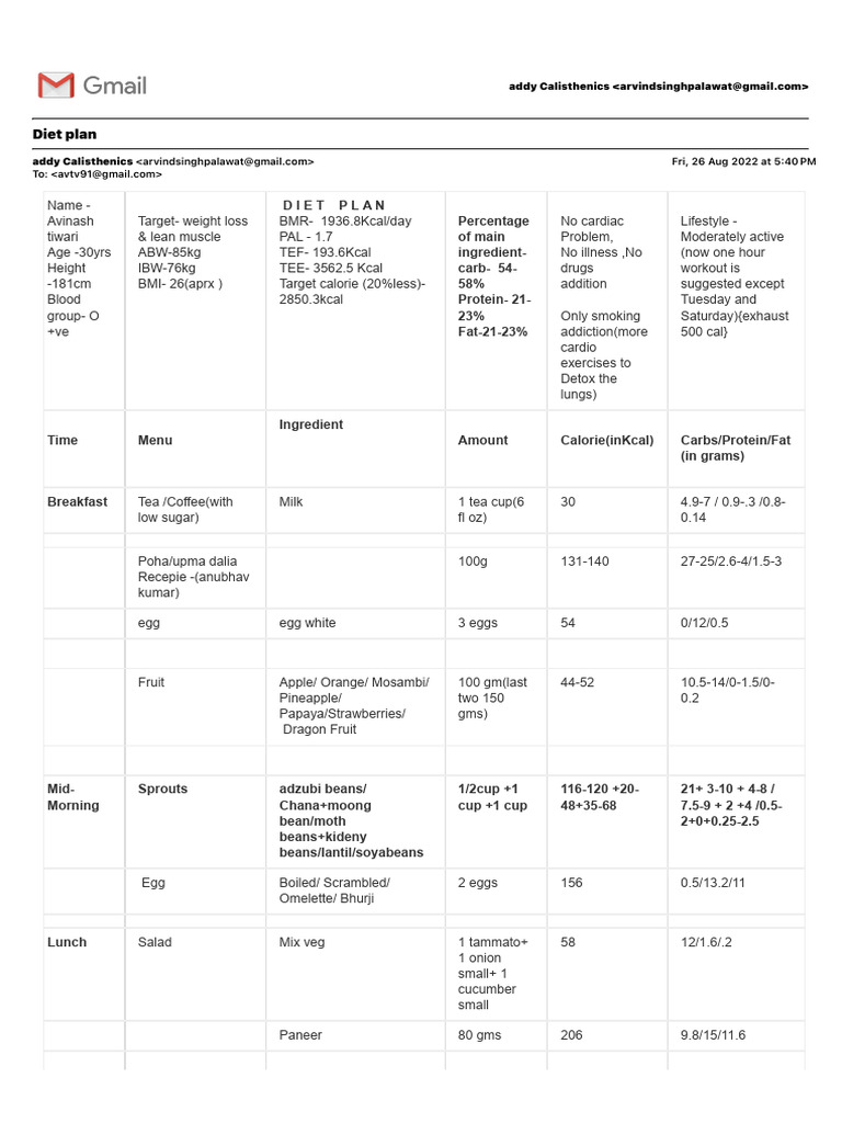 Diet Plan | PDF | Calorie | Foods