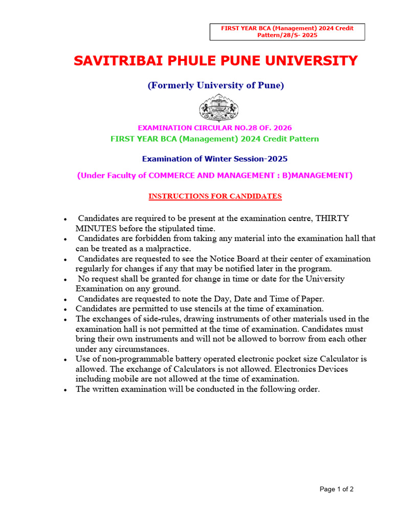 Time Table of BCA (Management) 2024 Credit Pattern Sem. I | PDF | Computing