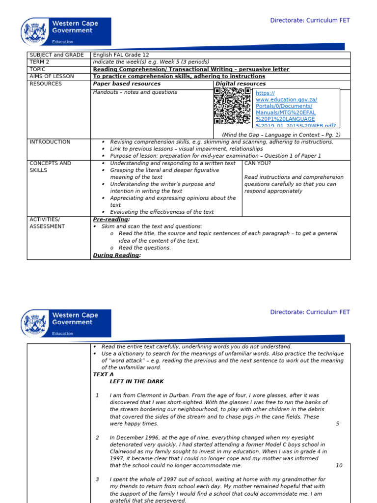 Week 5 FET Lesson Framework_2020_FAL Gr 12 Comprehension Practice and ...